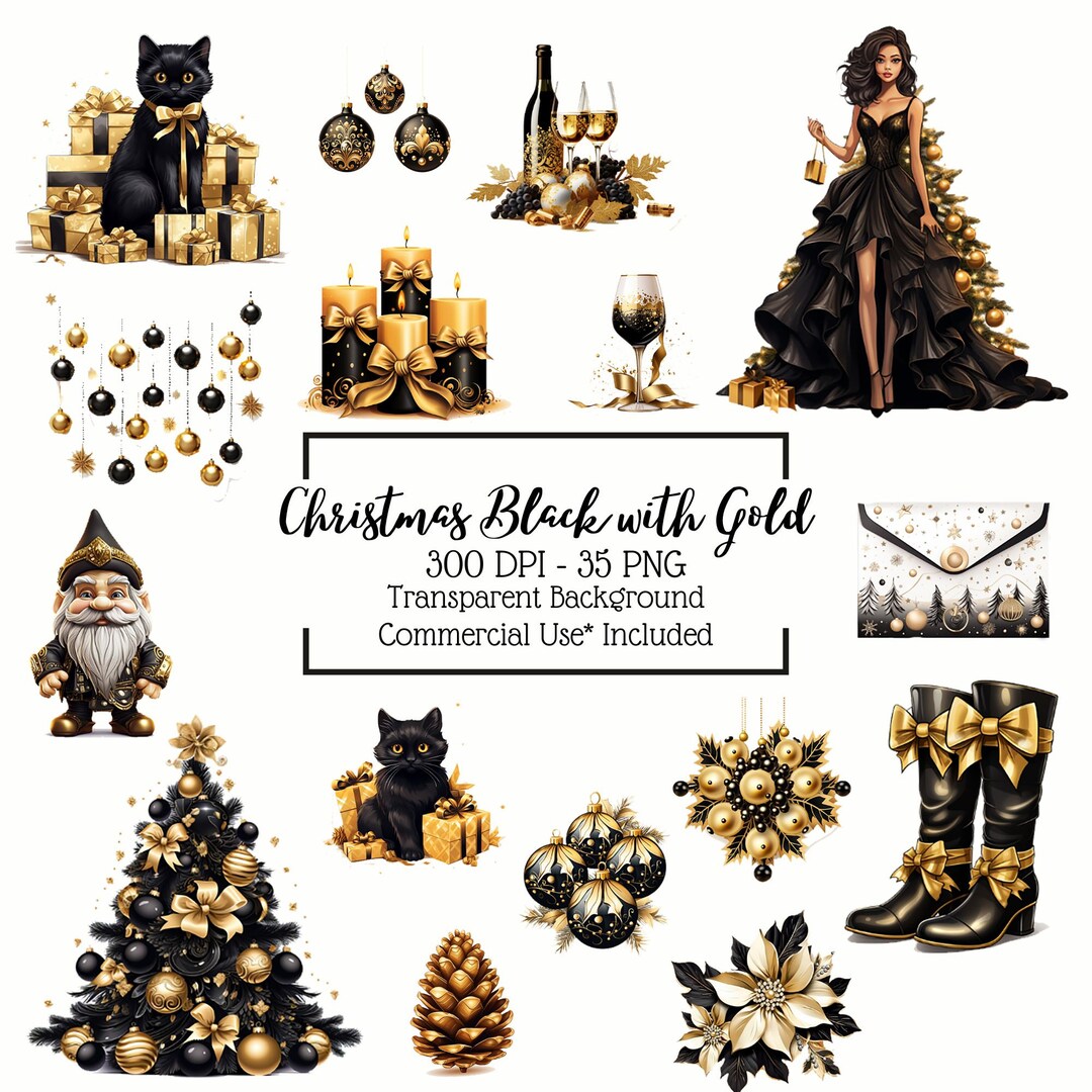 Black & Gold Christmas Clipart Watercolor Bundle, Watercolor Christmas ...