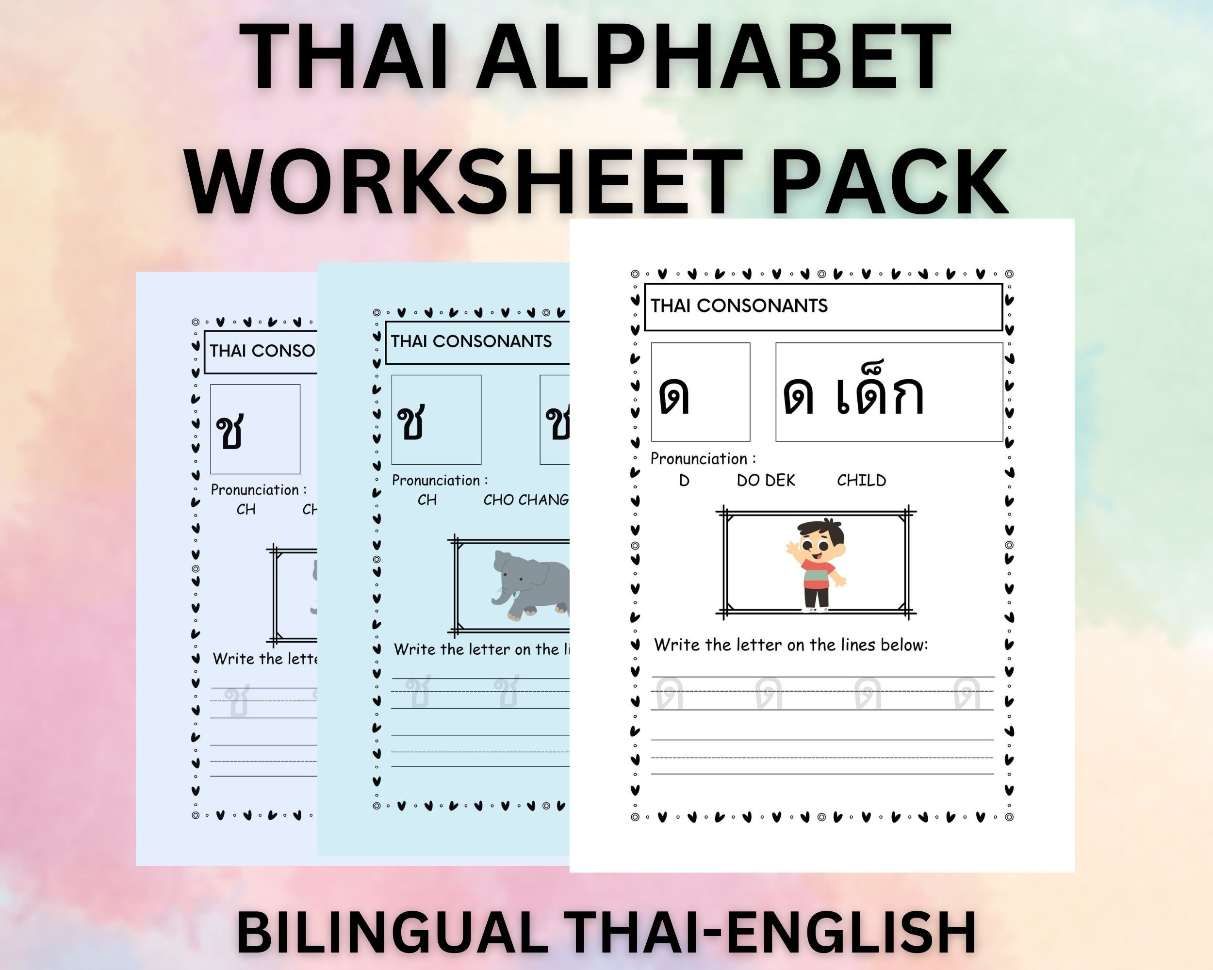 Thai Alphabet Worksheet Pack, Learn Write Thai Consonants Thai Vowel ...