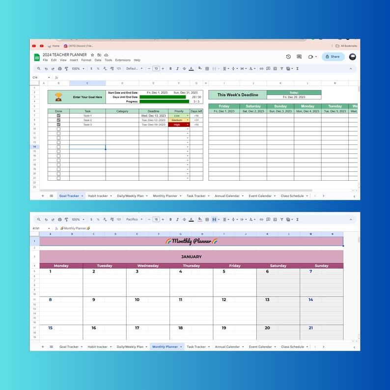 Teacher Planner Google Sheet Template, 2024/2025 Teacher Planner ...