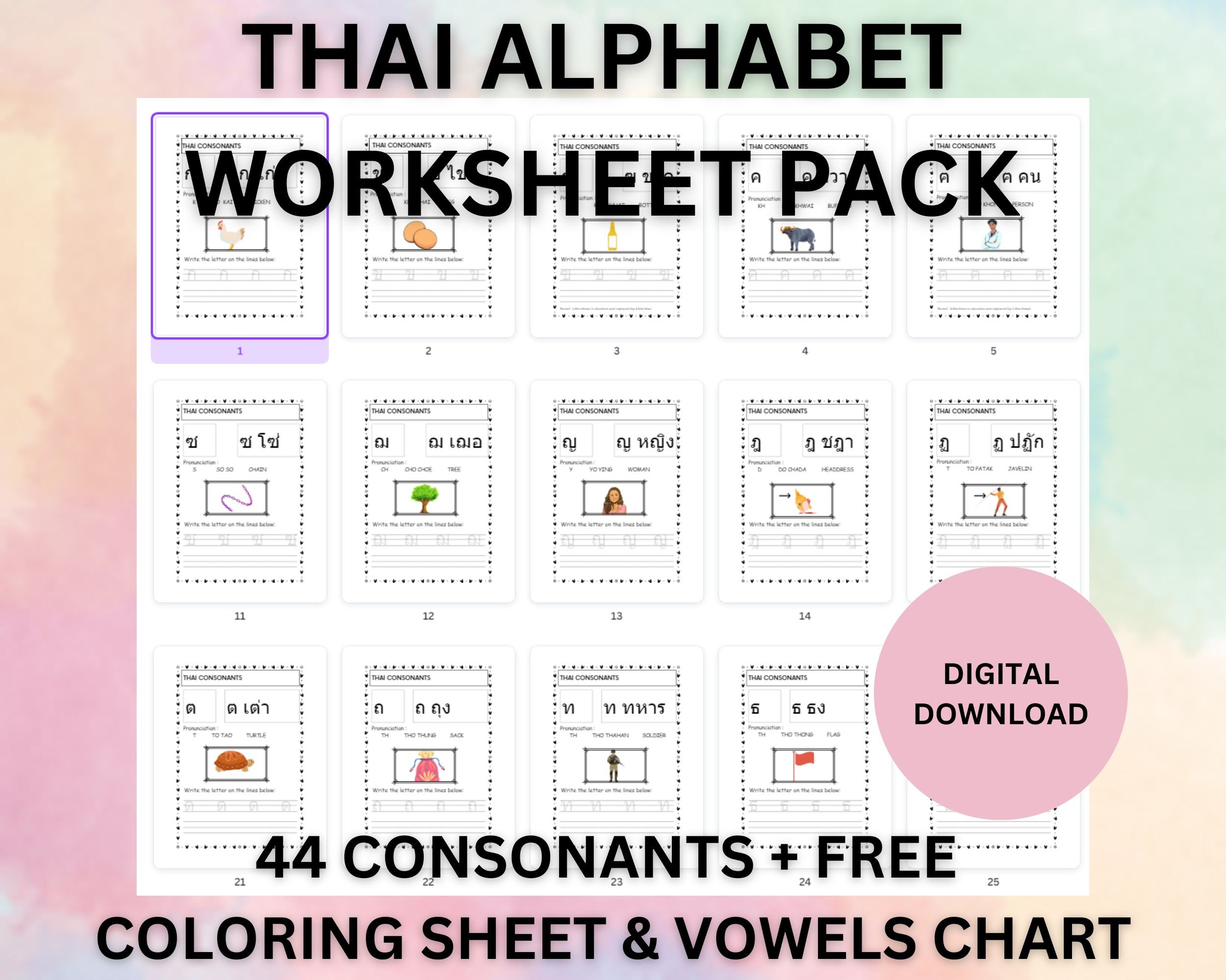 Thai Alphabet Worksheet Pack, Learn Write Thai Consonants Thai Vowel ...