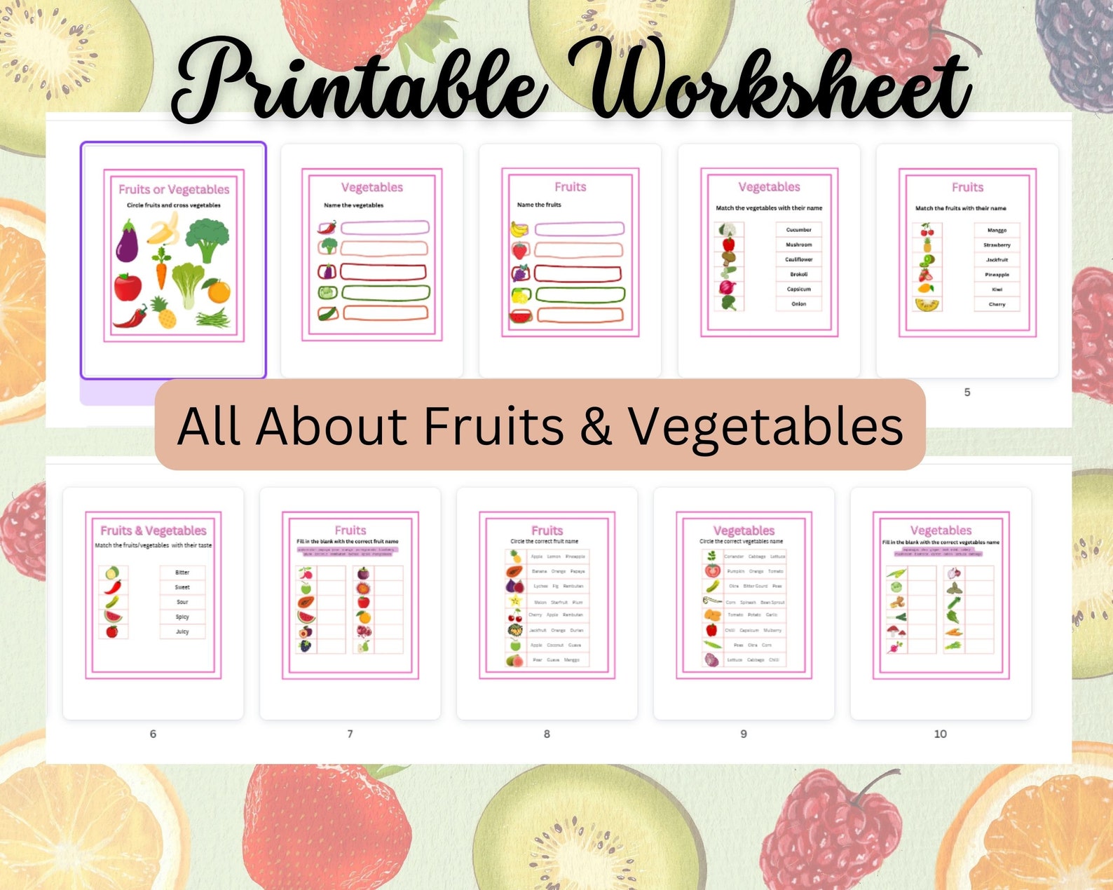Printable Worksheet for Kids, Learn About Fruit & Vegetables, Fruits ...