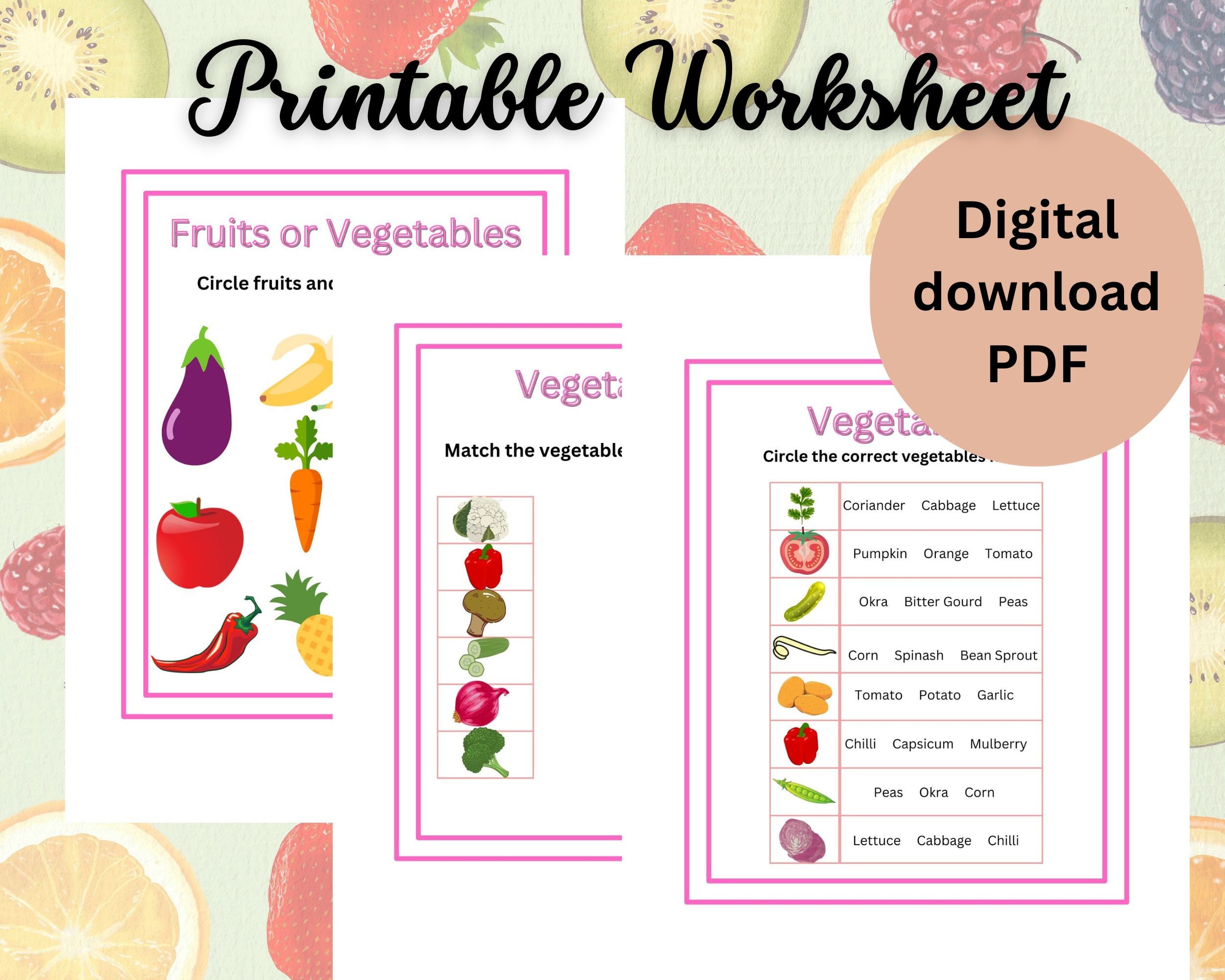 Printable Worksheet for Kids, Learn About Fruit & Vegetables, Fruits ...