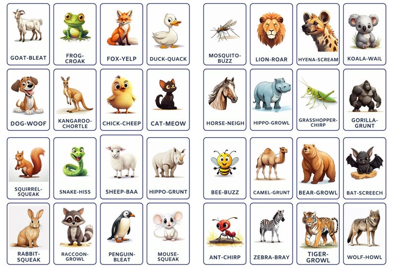32 Animals Sounds Flashcards, Kids Printable, Nomenclature Cards ...