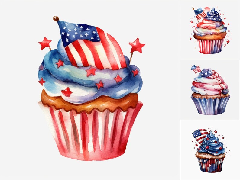 Patriotic Cupcake Clipart, PNG Watercolor Red White Blue Cupcakes ...