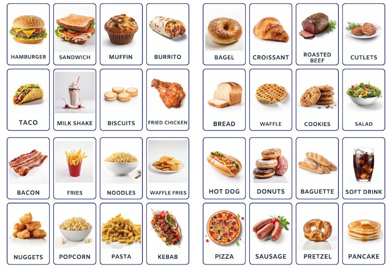 32 Fast Food Flashcards, Kids Printable, Nomenclature Cards, Toddler ...