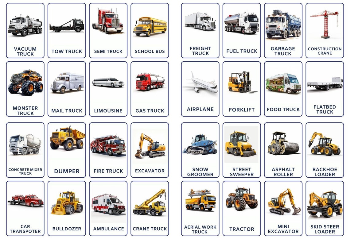 Construction Themed 32 Flash Cards Featuring Real Pictures of Large ...