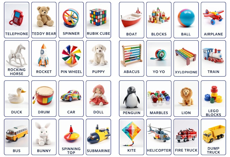 32 Toys Flashcards, Kids Printable, Nomenclature Cards, Toddler ...