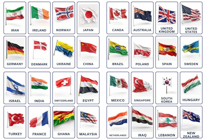 32 Flags Flashcards, Image Cards for Kids, Preschool, Nomenclature ...