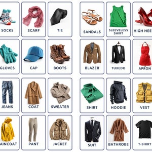 32 Clothing Flashcards, Image Cards for Kids, Clothes Cards ...