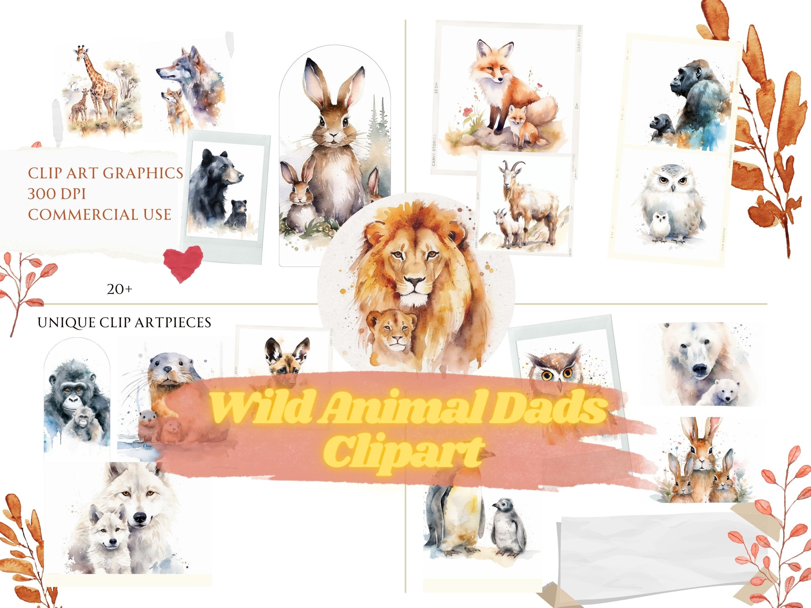 Father's Day Clipart, Wild Animal Dads, 30 Watercolor Digital Downloads ...