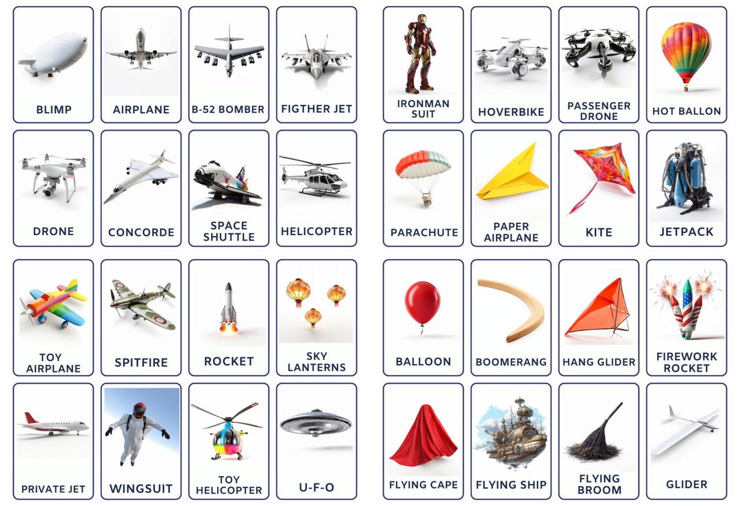 32 Flying Objects Flashcards, Kids Printable, Nomenclature Cards ...