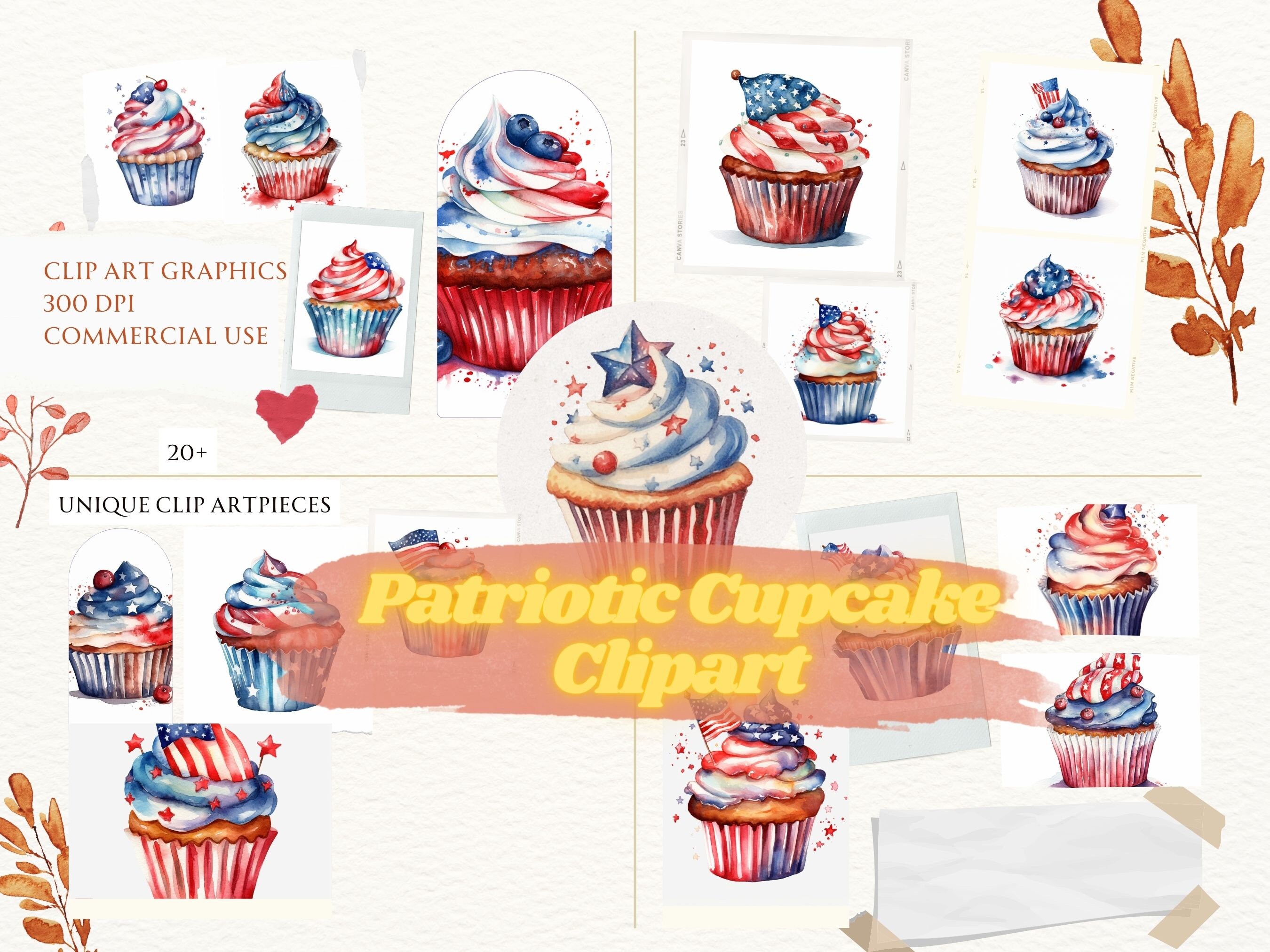 Patriotic Cupcake Clipart, PNG Watercolor Red White Blue Cupcakes ...