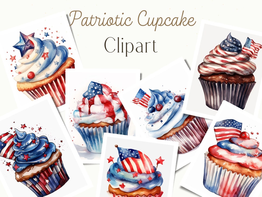 Patriotic Cupcake Clipart, PNG Watercolor Red White Blue Cupcakes ...