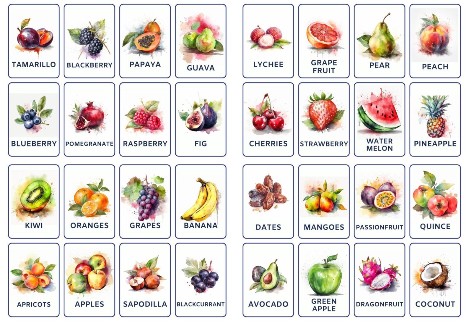 32 Fruits Flashcards, Kids Printable, Nomenclature Cards, Toddler ...