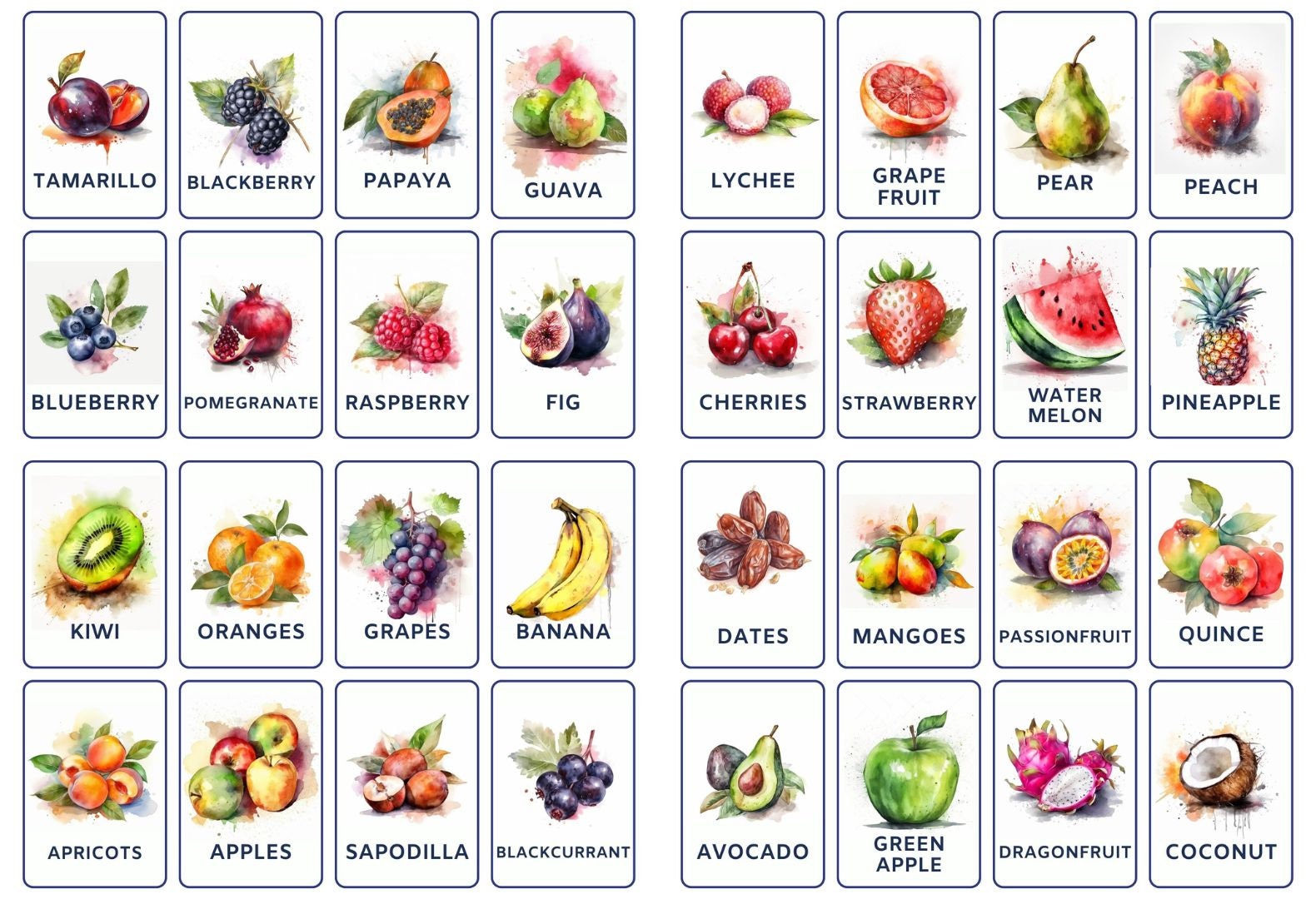 32 Fruits Flashcards, Kids Printable, Nomenclature Cards, Toddler ...