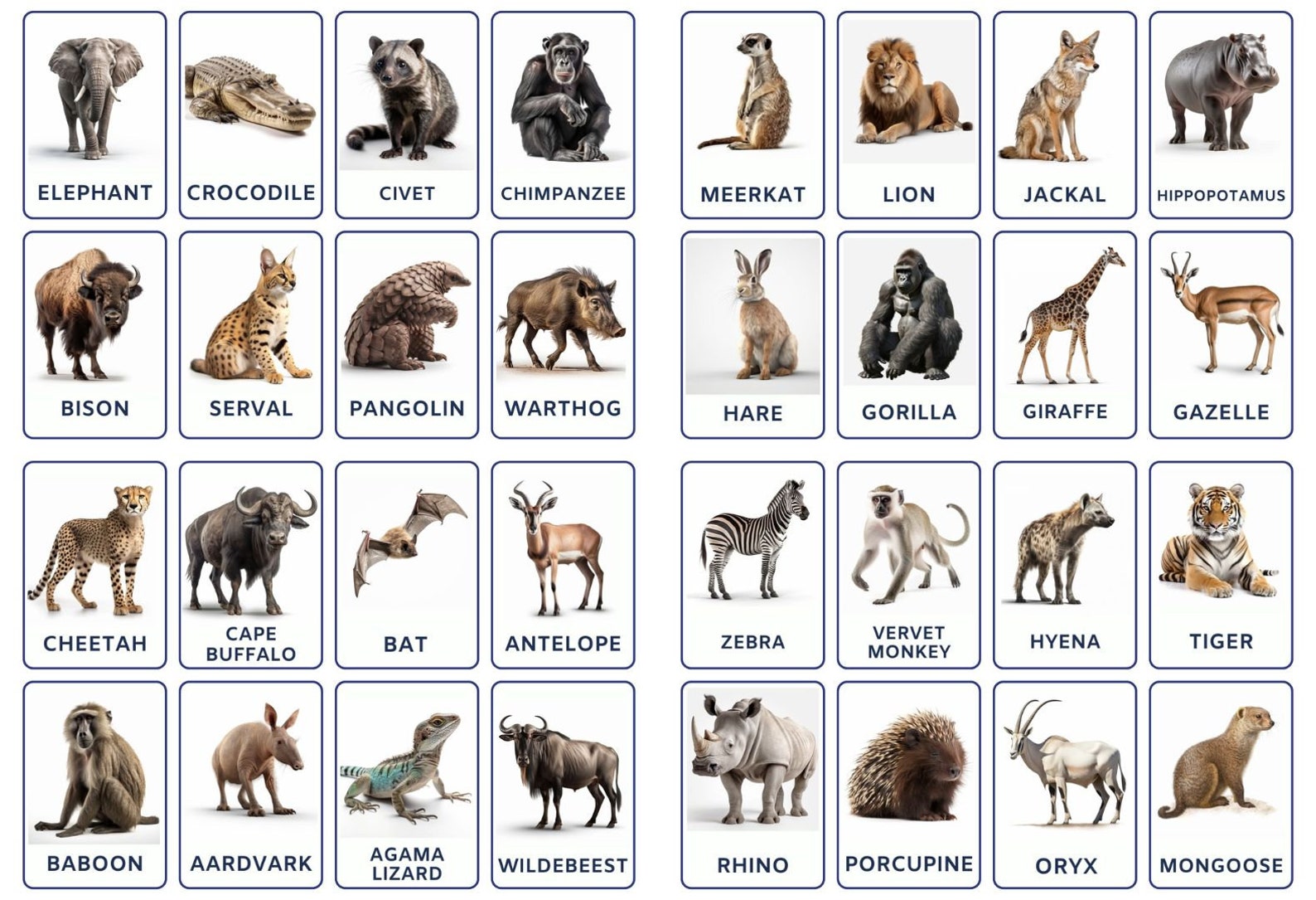 32 Safari Animals Flashcards, Kids Printable, Nomenclature Cards ...