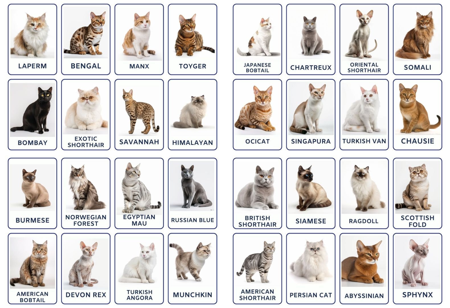 32 Cats Breed Flashcards, Kids Printable, Nomenclature Cards, Toddler ...