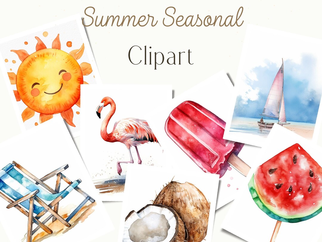 Watercolor Summer CLIPART, Seasonal, Sun, Beach, Ice Cream, Lawn Chair ...