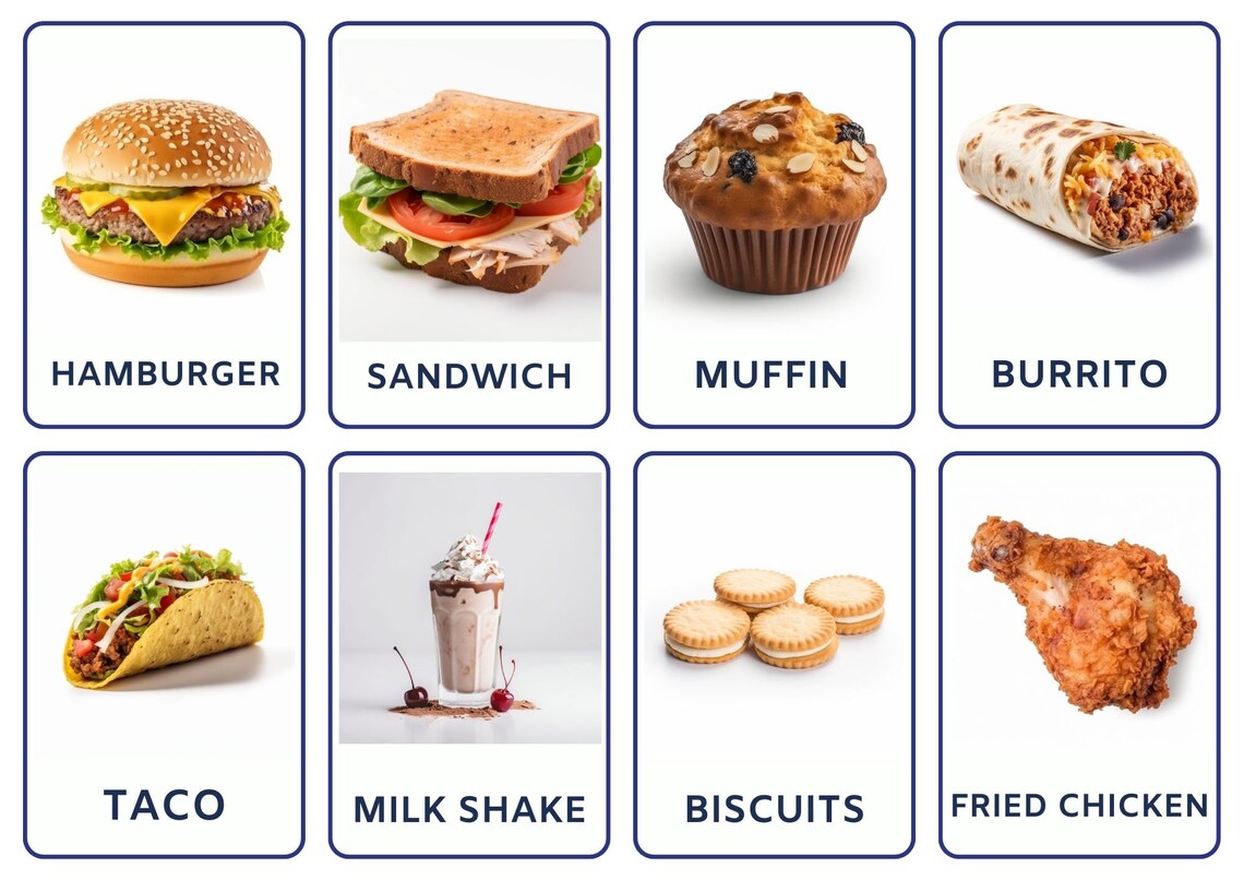 Flashcard Bundle of Culinary Delights Including Fast Food, Fruits ...