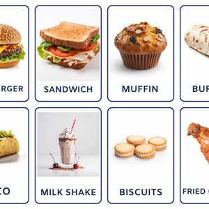 Flashcard Bundle of Culinary Delights Including Fast Food, Fruits ...