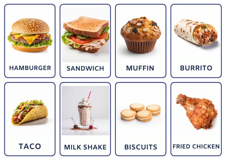 Flashcard Bundle of Culinary Delights Including Fast Food, Fruits ...
