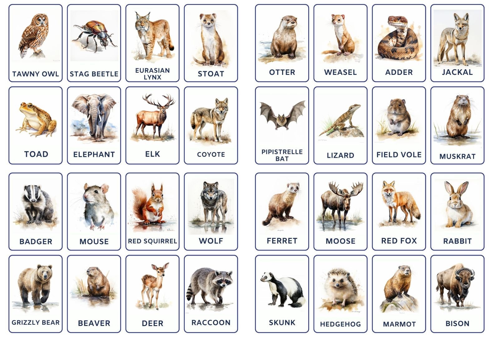 32 Woodland Animals Flashcards, Kids Printable, Nomenclature Cards ...