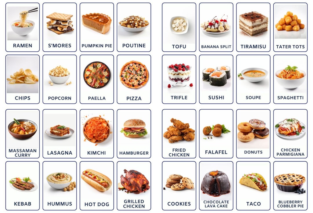 32 Famous Foods Flashcards, Kids Printable, Nomenclature Cards, Toddler ...