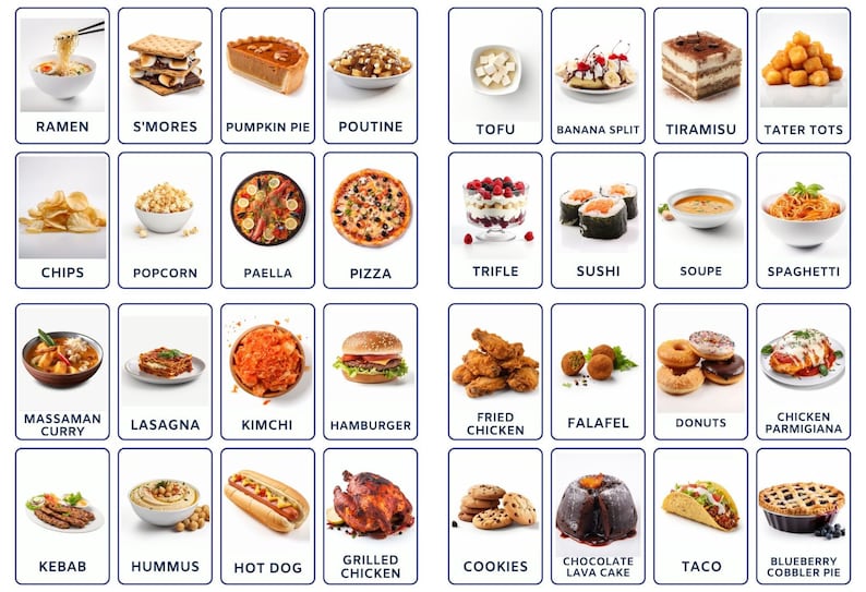 32 Famous Foods Flashcards, Kids Printable, Nomenclature Cards, Toddler ...