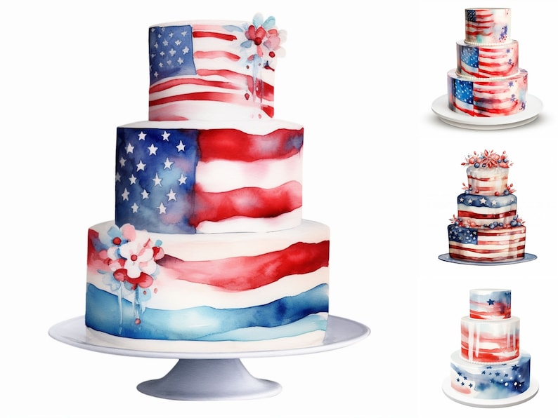 Patriotic Cake Clipart, PNG Watercolor Red White Blue Cake Clipart ...