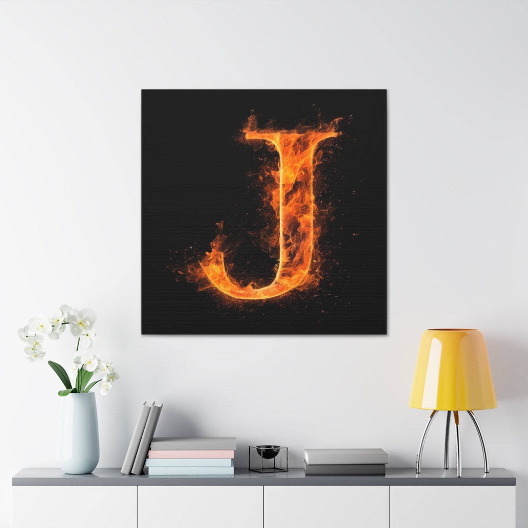 The Letter J fire Black Canvas Highly Detailed Modern - Etsy