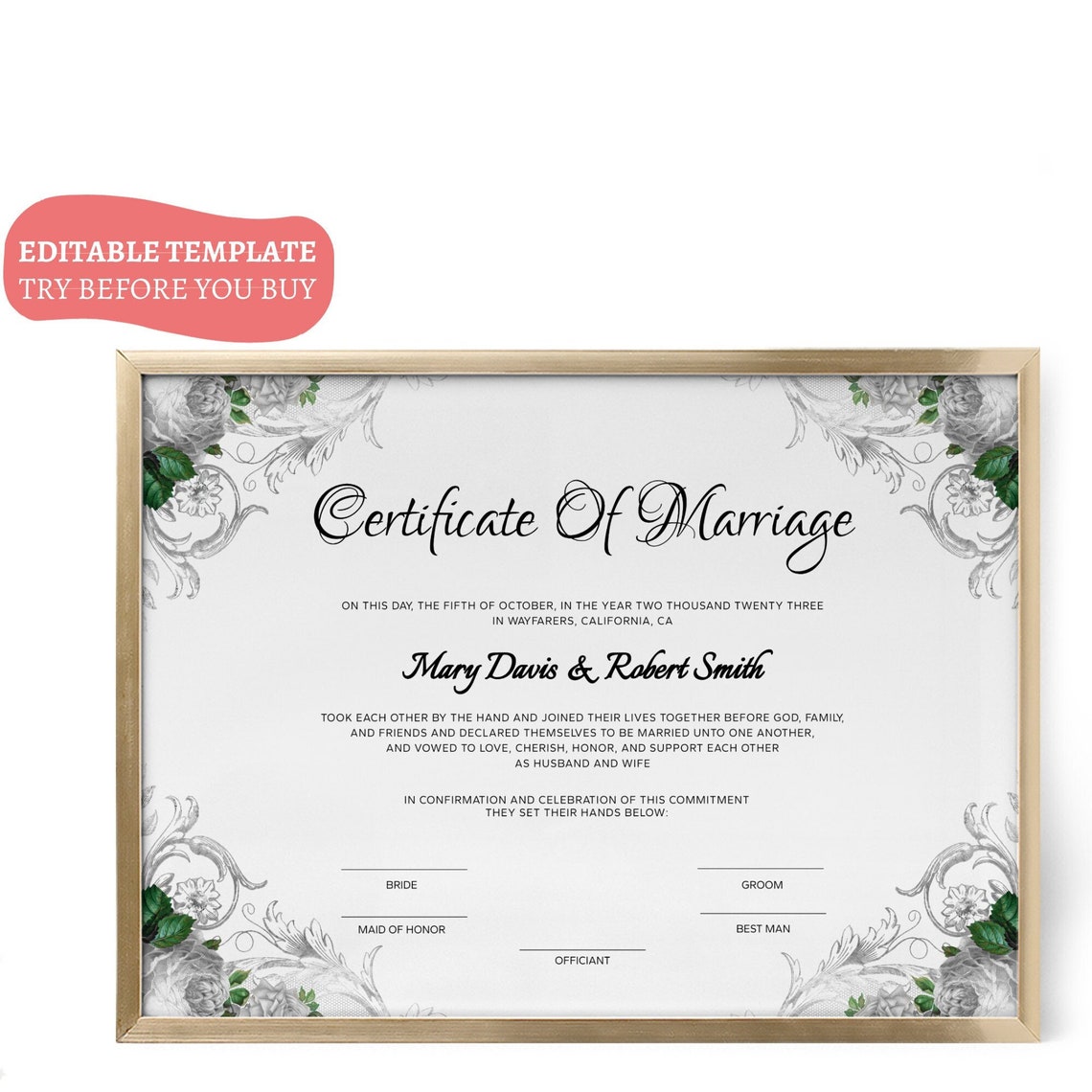 Marriage Certificate Printable Template, Modern Wedding Certificate ...