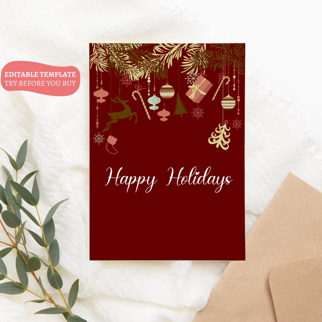 Printable Editable Holiday Card, Happy Holidays Card Template ...