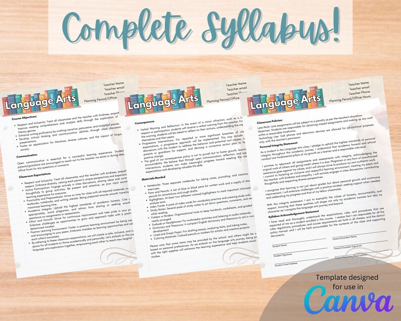 Language Arts Syllabus Template, Middle School, High School, Canva ...