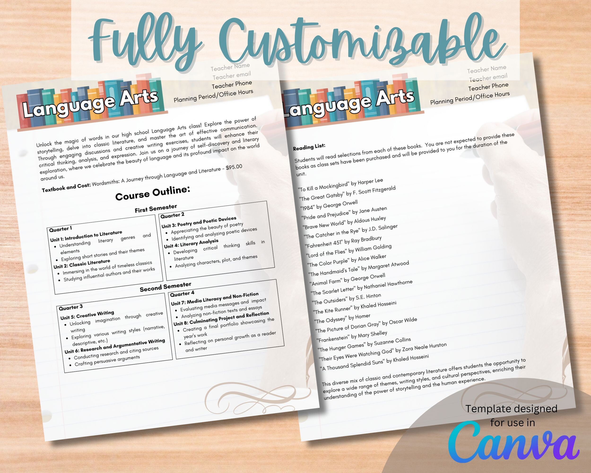 Language Arts Syllabus Template, Middle School, High School, Canva ...