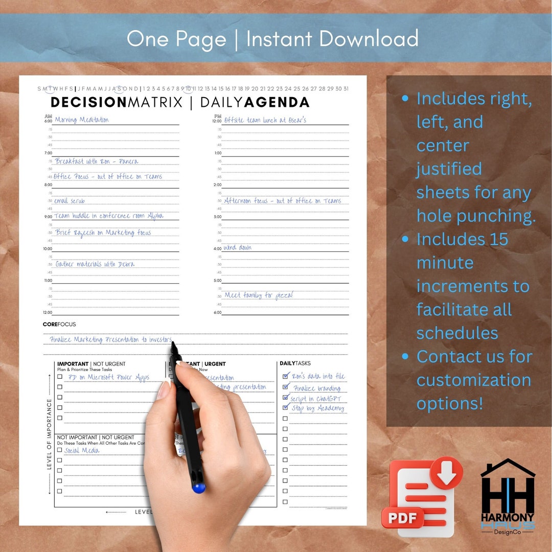 Decision Matrix Agenda, Task List, ADHD Planner, Daily Productivity ...