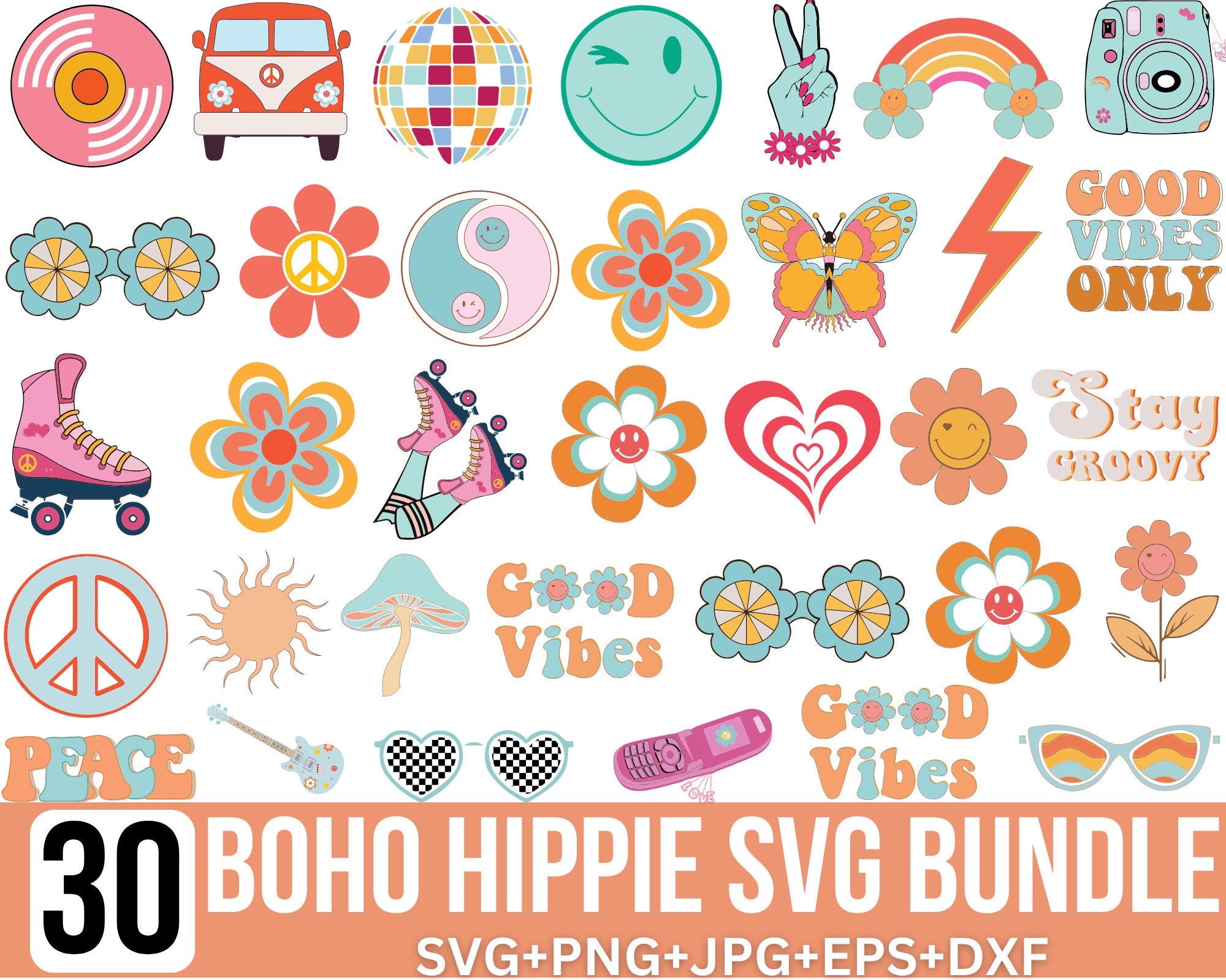 Boho Hippie Retro SVG Bundle, Retro Svg, Retro Flower Svg, Retro Daisy ...