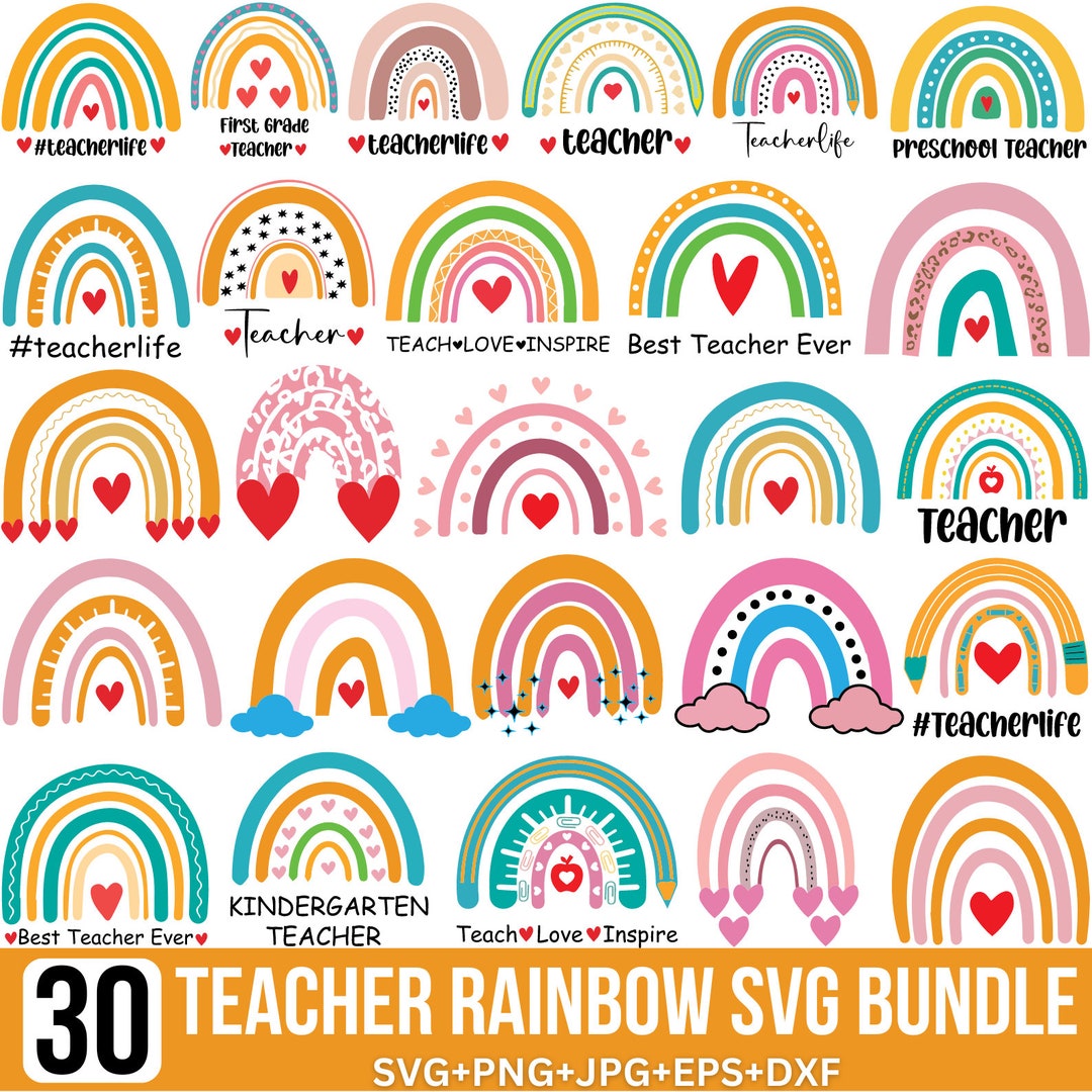 Teacher Rainbow SVG Bundle: Boho Designs, Cricut & Silhouette Cut Files ...