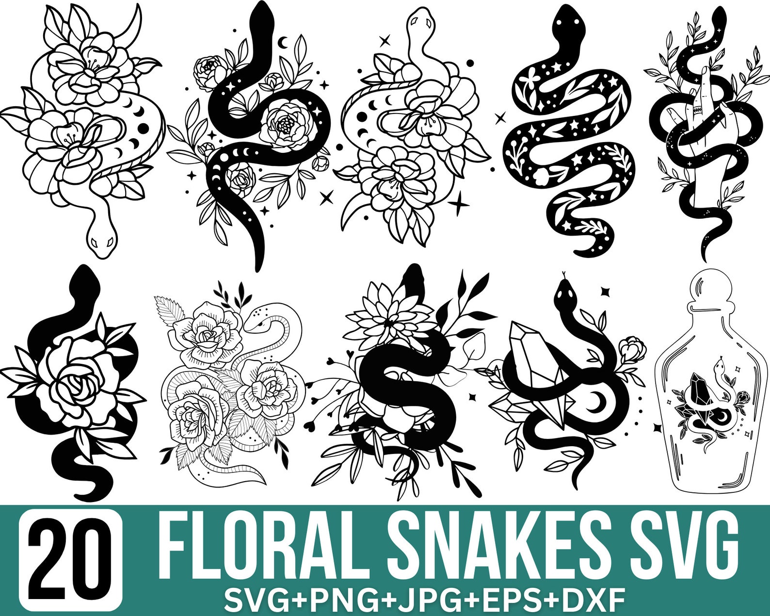 Floral Snake Svg Bundle, Celestial Snake Svg, Snake With Flowers Svg ...