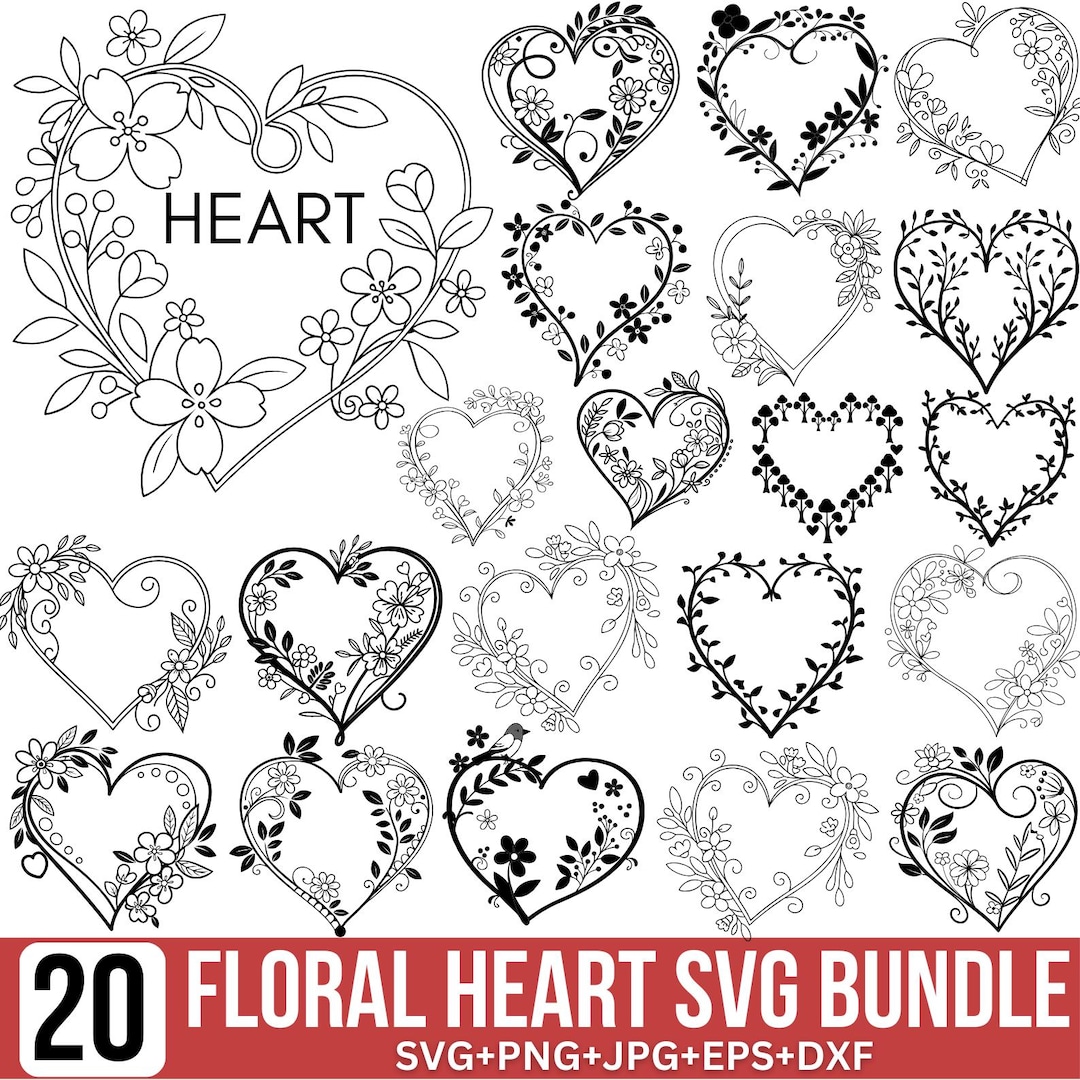 Blumenherz Plotterdatei-Svg-Bundle, Blumen-Herz-Svg, Botanische Herz-Grenze-Svg, Hochzeits-Svg ...