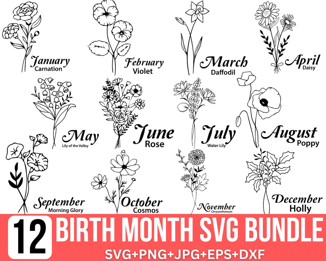 Birth Month Flower SVG Bundle: Botanical Floral Designs (digital ...