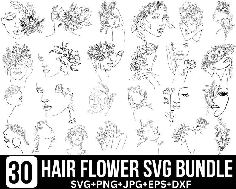 Flowers in Hair Svg Bundle, Flower Woman Line Art SVG, Floral Hair ...