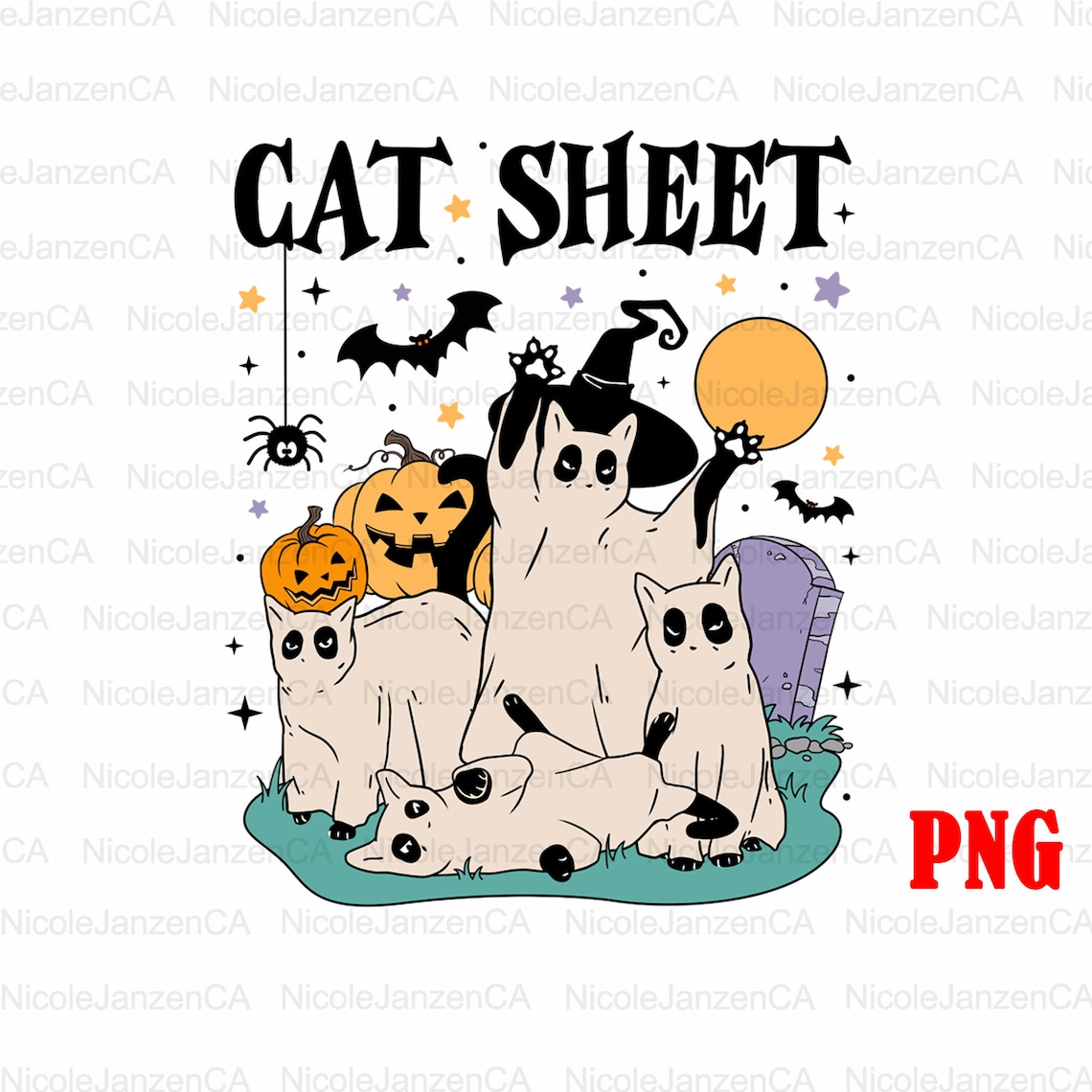 Cat Sheet Png, Ghost Cute Cat Png, Halloween Png, Retro Halloween Png ...
