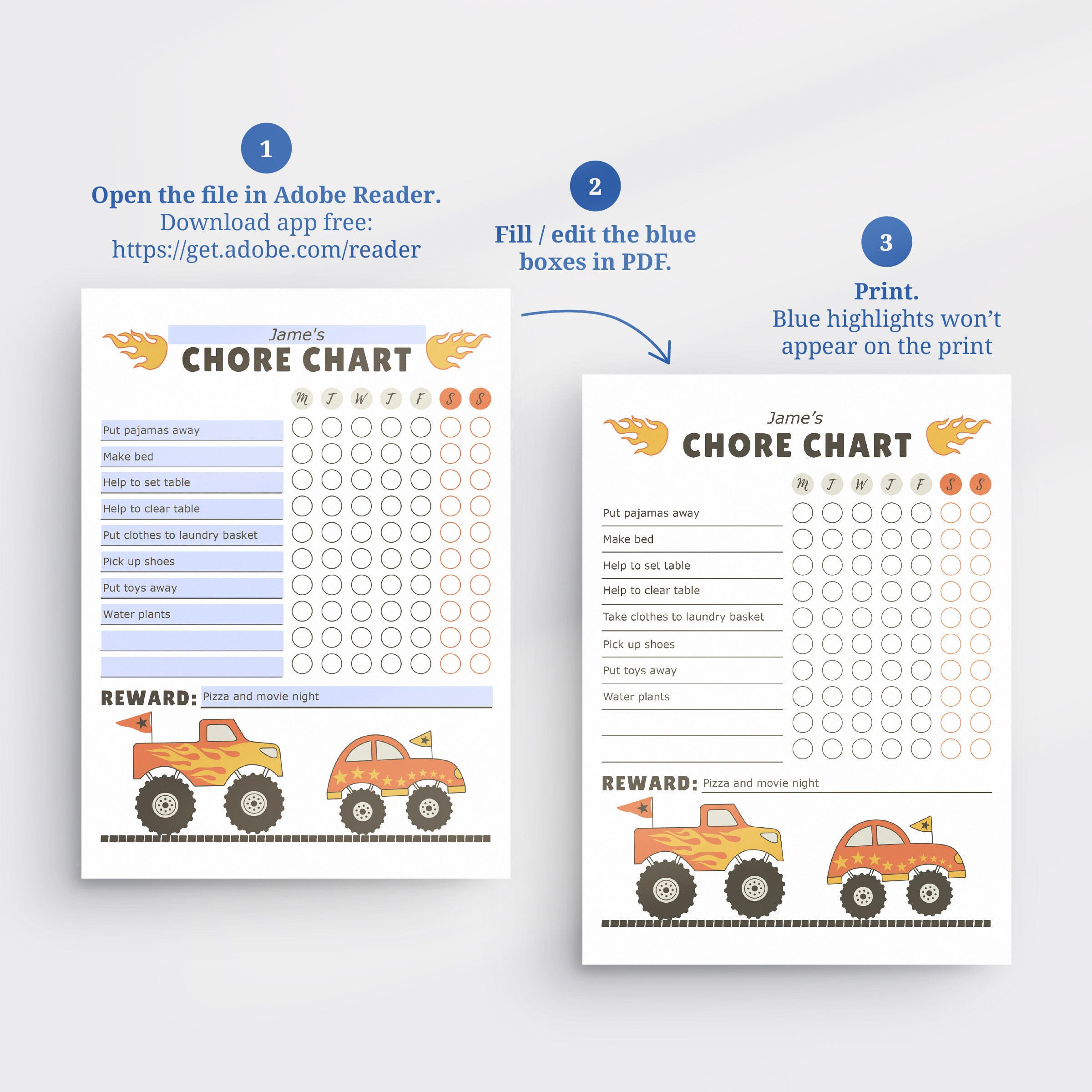 Editable Kids Chore Chart, Responsibility Chore Chart for Kids, Monster ...