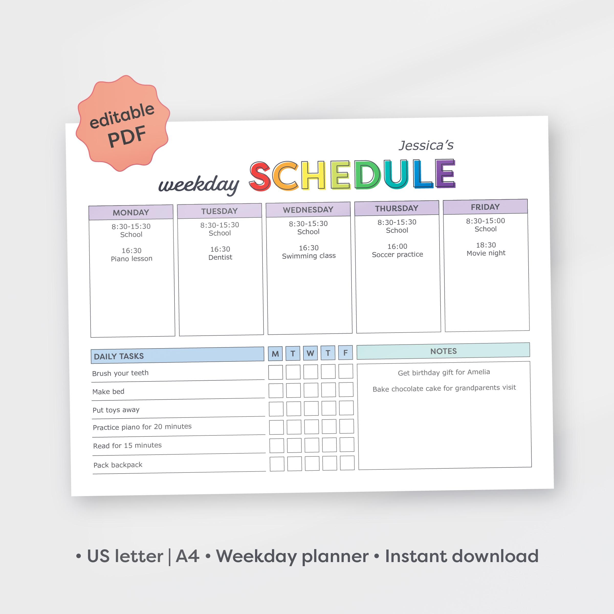 Editable Weekly Schedule Kids, Kids Weekly Planner Printable, Weekday ...