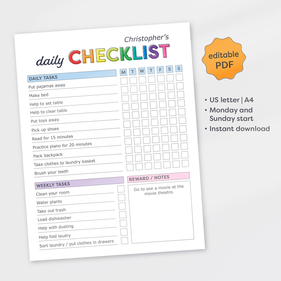 Daily Checklist, Editable Daily Routine, Responsibility Chart, Chore ...