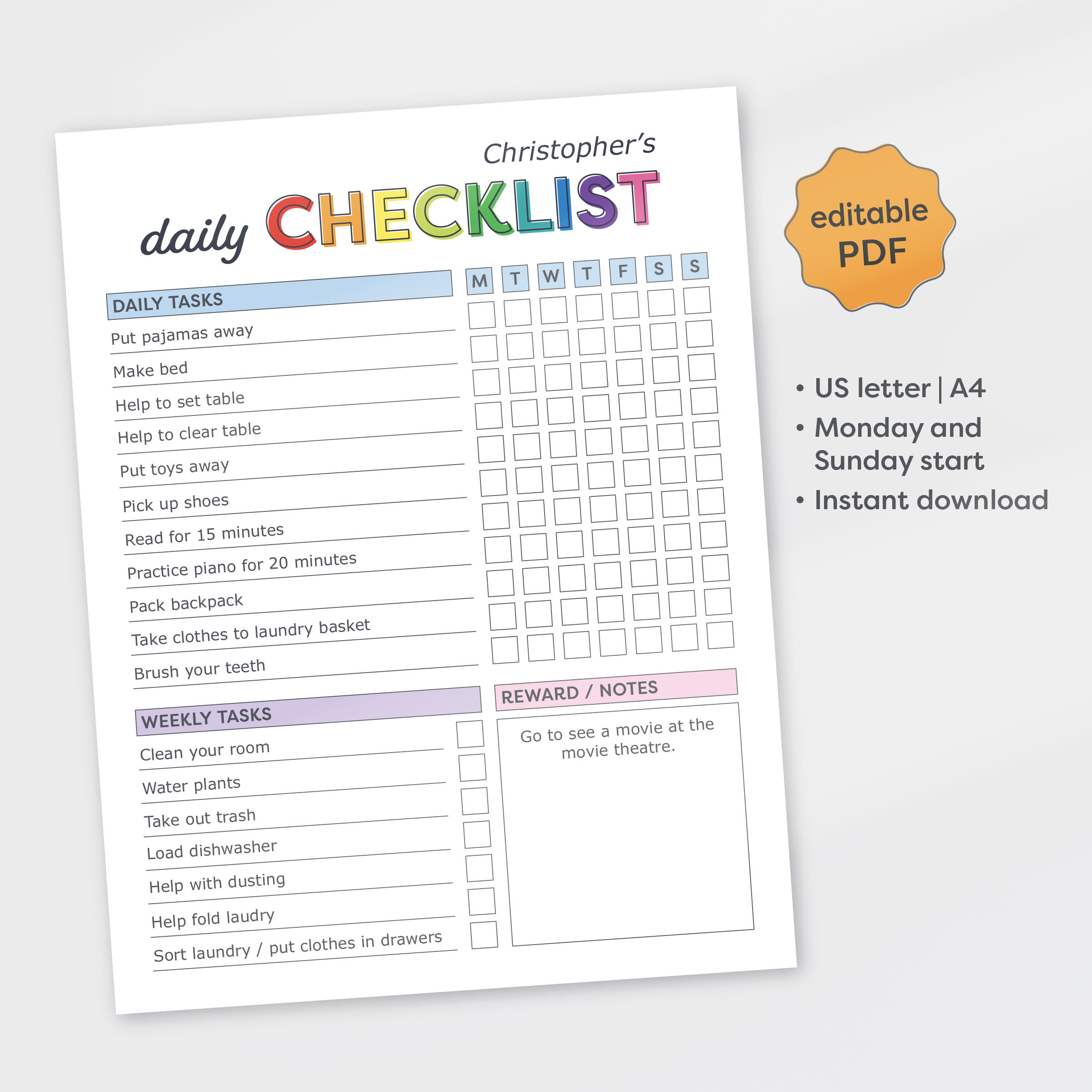 Daily Checklist, Editable Daily Routine, Responsibility Chart, Chore ...