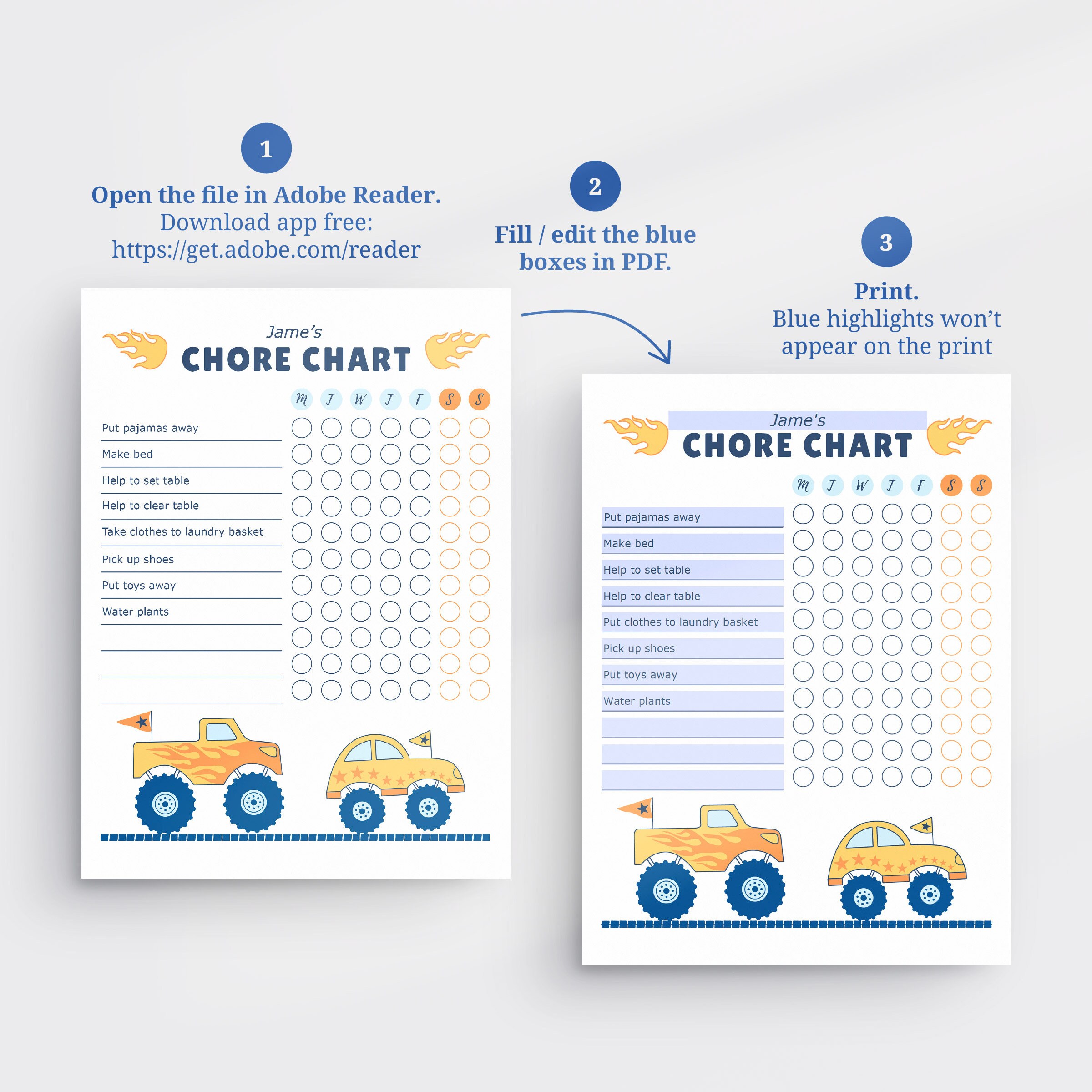 Editable Kids Chore Chart, Responsibility Chore Chart for Kids, Monster ...