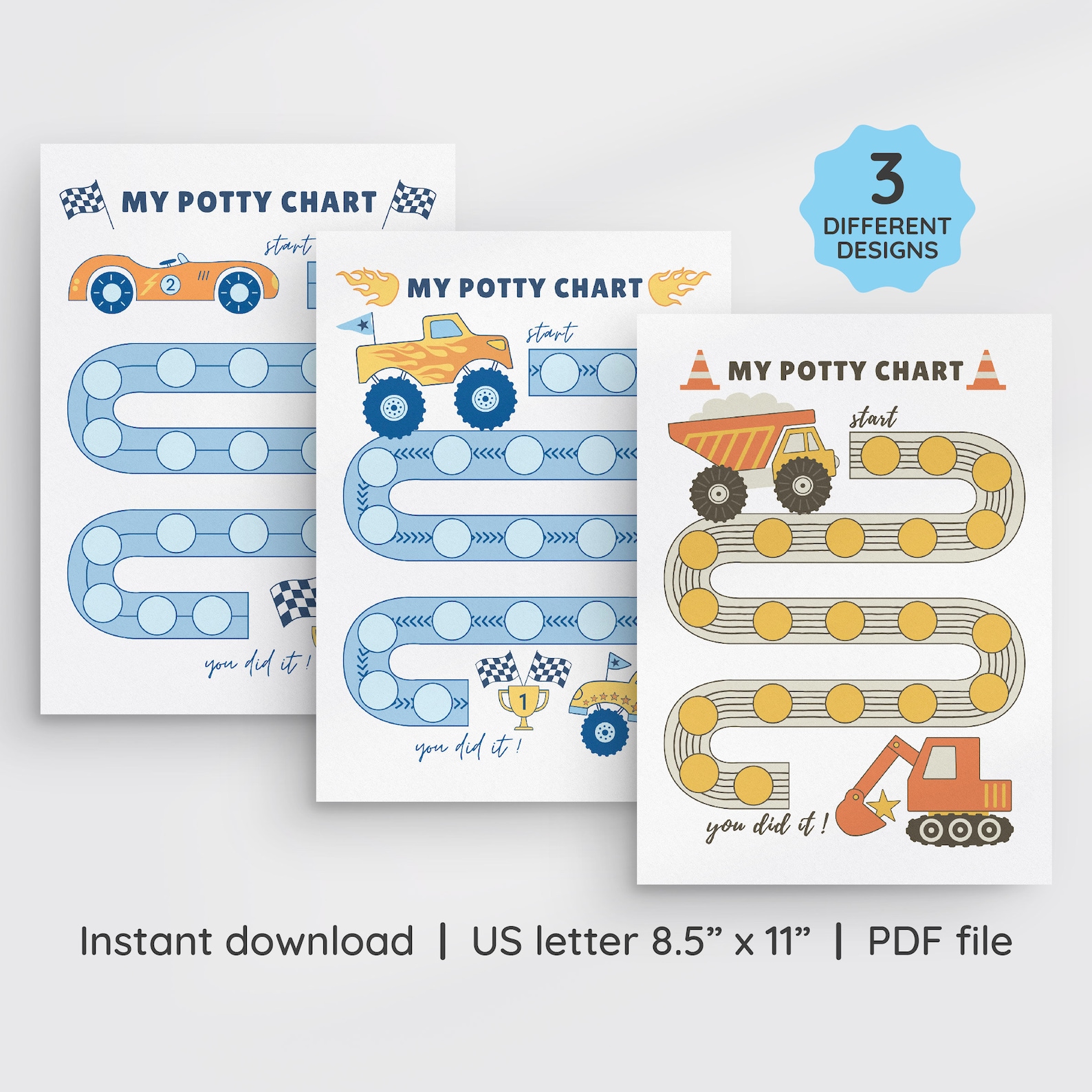 Potty Chart Bundle, Racing Car, Monster Truck and Construction Design ...