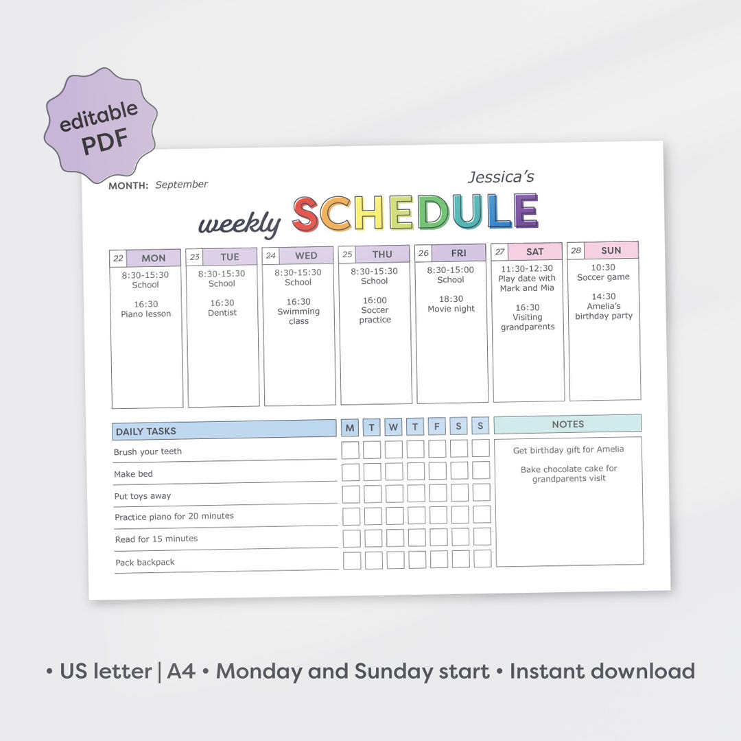 Editable Weekly Schedule for Kids With Dates, Kids Weekly Planner ...