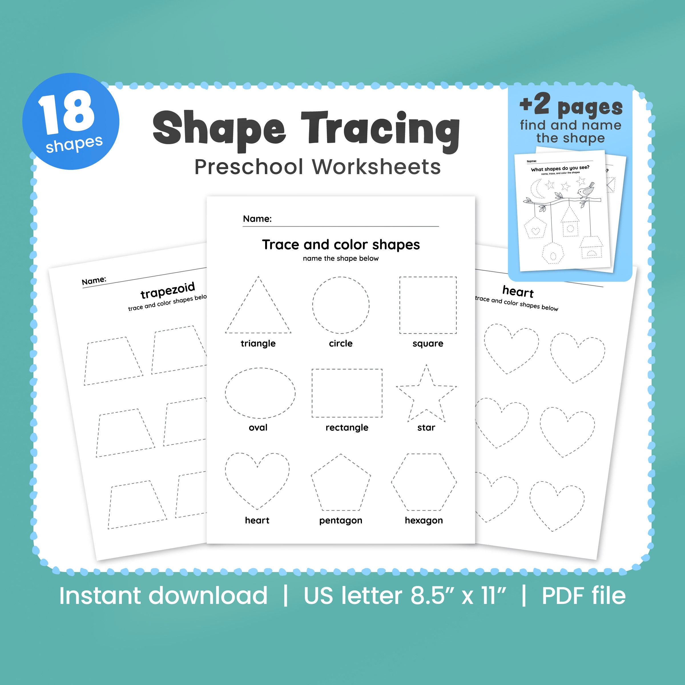 Preschool Shape Tracing Worksheets: 18 Shapes (PDF) - Etsy